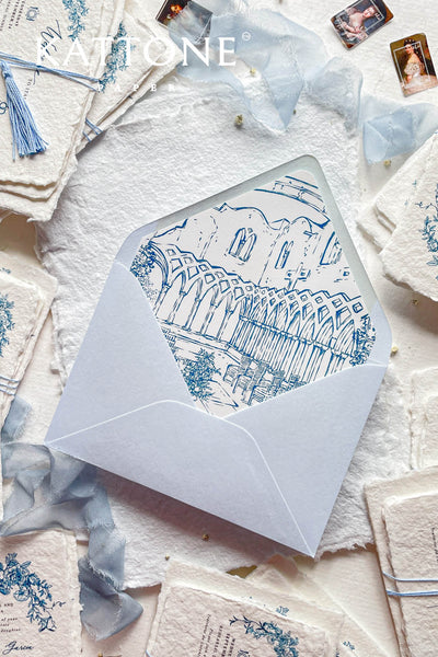 Light Blue Envelopes and Hand Drawn Venue Envelope Liners – Kattone